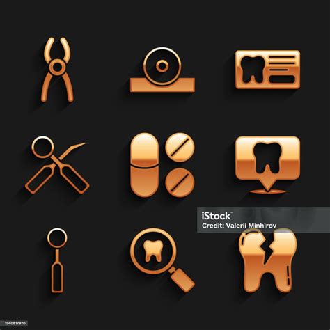 진통제 태블릿 치과 검색 부러진 치아 클리닉 위치 검사 거울 카드 및 펜치 아이콘을 설정합니다 벡터 개인 장식품에 대한 스톡 벡터 아트 및 기타 이미지 Istock