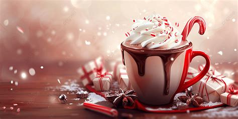 휴가철에 달콤한 편안함을 선사하는 휘핑 크림과 사탕수수를 곁들인 클래식 핫 초콜릿 한잔 뜨거운 초콜릿 휘핑 크림 사탕 지팡이 배경 일러스트 및 사진 무료 다운로드