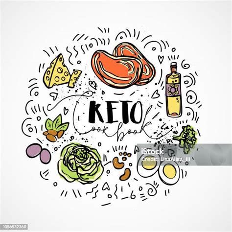 책벡터 일러스트 레이 션 스케치keto 쿡 멀티 컬러 스케치 건강 한 개념 질감과 형태로 원모든 영양소 지방 탄수화물 및 단백질 음식 아이콘 장식 요소와 함께 건강 한