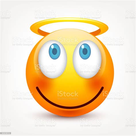 파란 눈을 가진 웃는 이모티콘 노란 얼굴 감정입니다 얼굴 식입니다 3d 현실 이모티콘입니다 슬픈 행복 화난 얼굴입니다 재미 있는 만화 캐릭터입니다 Moodvector 그림