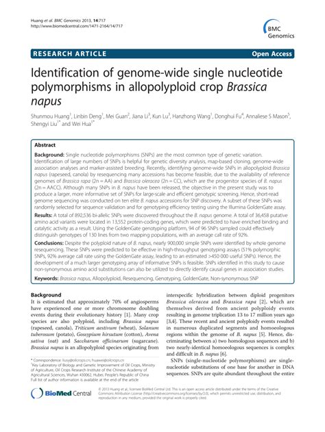 Pdf Identification Of Genome Wide Single Nucleotide Polymorphisms In Allopolyploid Crop