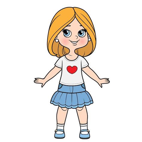 Linda Garota De Desenho Animado Vestida Com Saia E Camiseta Com