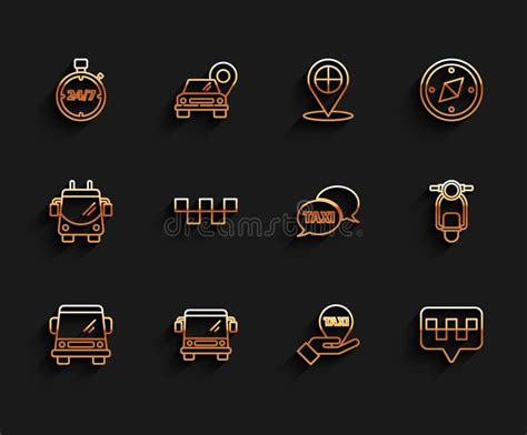 set line car bus stopwatch 24 hours hand on map pointer with taxi
