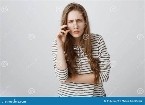 Girl Cannot See Clearly Without Glasses Cute Young Teenager Squinting