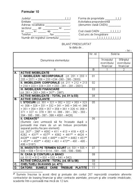 Bilant Prescurtat Pdf