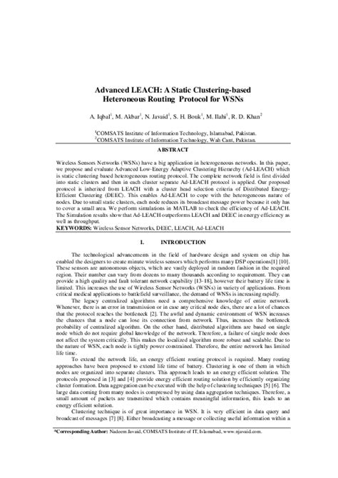 Pdf Advanced Leach A Static Clustering Based Heteroneous Routing Protocol For Wsns