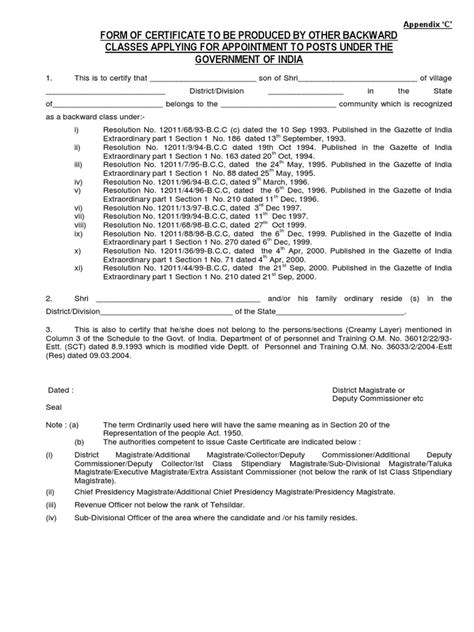 Caste Certificate Non Creamy Layer Format For Obc Magistrate Government Of India