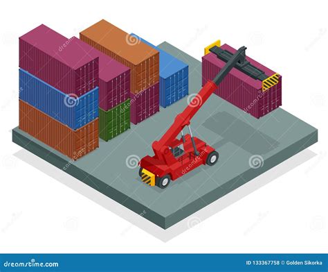 Mobile Container Handler In Action At A Container Terminal Crane Lifts