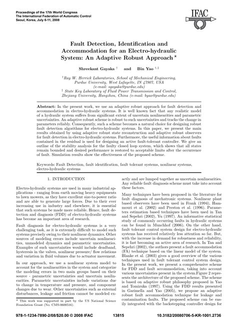 Pdf Fault Detection Identification And Accommodation For An Electro Hydraulic System An