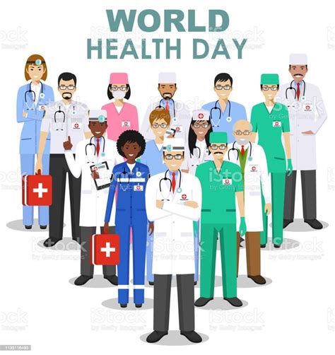 세계 보건의 날 의료 개념입니다 의사와 간호사 흰색 배경에 고립 된 평면 스타일에 대 한 자세한 그림 개업 의사는 다른 위치에