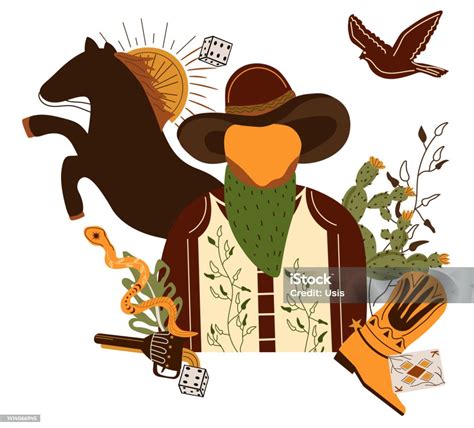 카우보이 모자 뱀 야생마 비행 독수리 카우보이 부츠에 보안관 캐릭터가있는 와일드 웨스트 포스터 평평한 스타일의 올드 웨스트 벡터 일러스트레이션 날기에 대한 스톡 벡터 아트