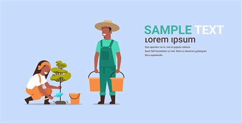 두 농민 심기 나무 아프리카계 미국인 남자 지주 물 양동이 여자 파고 토양 작업 정원 농업 원 예 개념 평면 전체 길이 복사 공간 수평 농부에 대한 스톡 벡터 아트 및 기타