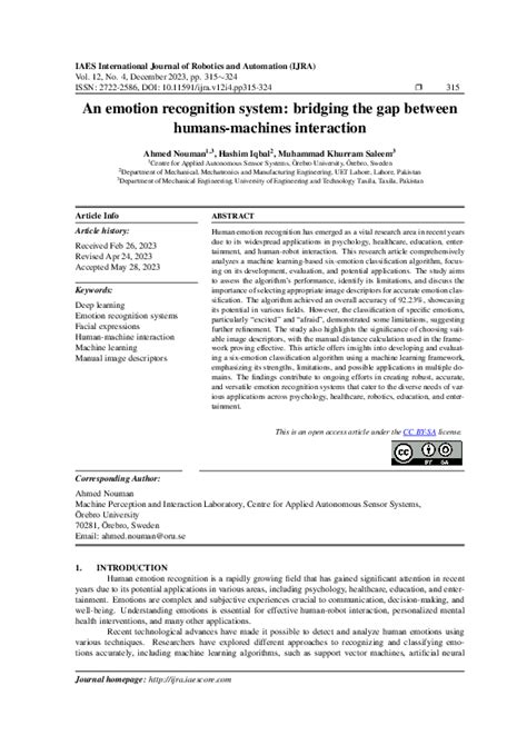 Pdf An Emotion Recognition System Bridging The Gap Between Humans Machines Interaction