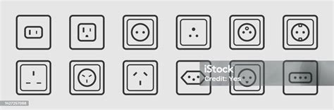 다른 유형 전원 소켓 라인 아이콘 세트 전기 플러그 기호 가정용 전원 장치 정보 표지판 벡터 일러스트 레이 션 개체 그룹에 대한