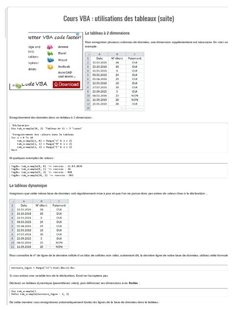Cours Vba 21 Utilisations Des Tableaux Suite Pdf