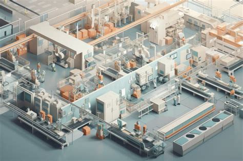 High Tech Factory With Robotic Assembly Lines Robots At Work And Conveyor Belts Stock