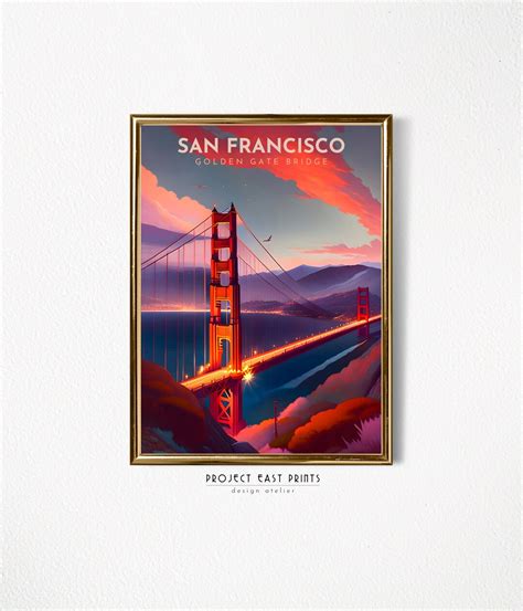 Digital Print Retro Travel Poster Golden Gate Bridge San Francisco