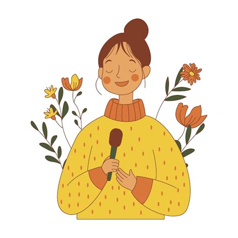 Premium Vector Innocent Nerd Girl Character Singing Using Microphone With Flower Floral Decoration