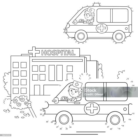 아이들을위한 교육 퍼즐 게임 숫자 게임 구급차 색칠 페이지 개요 병원 근처 구급차와 만화 의사의 개요 어린이를위한 색칠 공부 책 의사에 대한 스톡 벡터 아트 및 기타 이미지