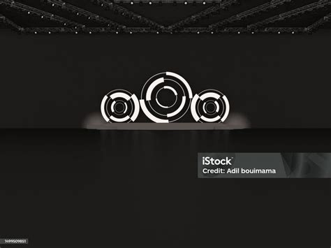 계단 정면이 보이는 이벤트 빈 무대 디자인 조명이 있는 원형 디자인 배경과 천장 스포트라이트 시스템 내부 홀 3d 렌더링 그림 0명에 대한 스톡 사진 및 기타 이미지