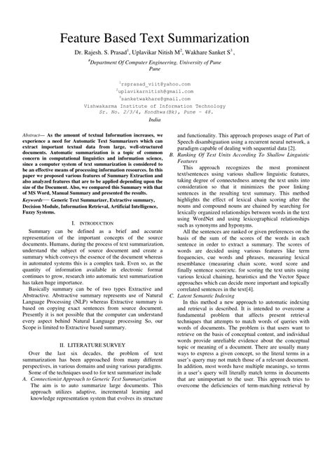 Pdf Feature Based Text Summarization