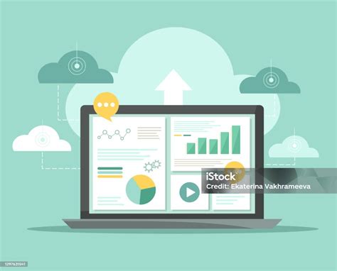 랩톱 온라인 장치가 있는 클라우드 컴퓨팅 기술 네트워크는 데이터베이스에 정보와 데이터를 업로드합니다 클라우드 스토리지 벡터 그림입니다 클라우드 저장공간에 대한 스톡 벡터