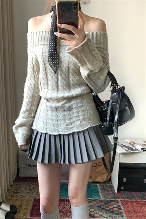 핑크프릴 Set 그레이 오프숄더 긴팔 니트 스웨터 플리츠 미니스커트 투피스세트