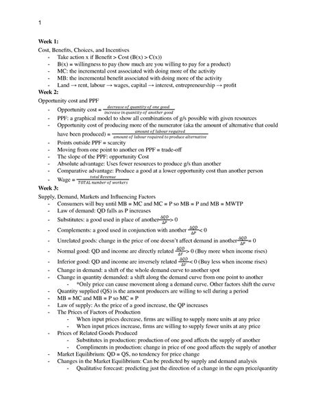 Econ Formulas Good Useful Notes Week 1 Cost Benefits Choices And Incentives Take