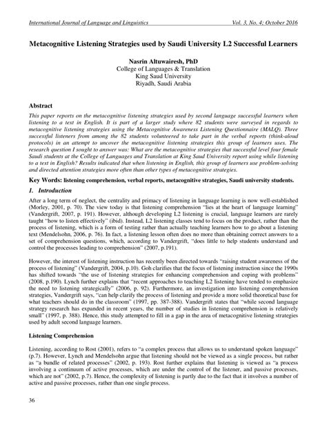 Pdf Metacognitive Listening Strategies Used By Saudi University L2 Successful Learners