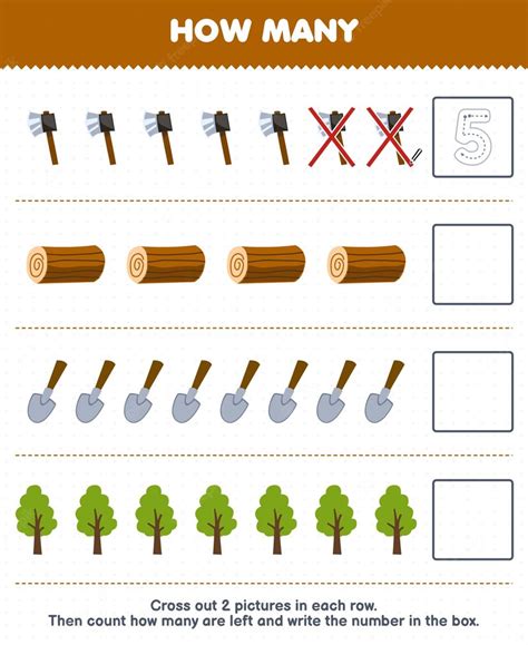 어린이를 위한 교육 게임은 귀여운 만화 도끼 나무 통나무 삽 나무의 수를 세고 상자 인쇄 가능한 농장 워크시트에 숫자를 씁니다 프리미엄 벡터