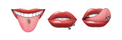 피어싱을 한 입 현실적인 피어싱된 입술과 혀 3d 금속 바디 쥬얼리 격리된 얼굴 부품 세트 Bijouterie 바벨 콘 및 볼 뷰티 액세서리 벡터 여성의 미소 프리미엄 벡터