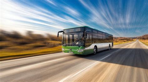 Modern Green And White Bus Traveling On Country Road With Motion Blur