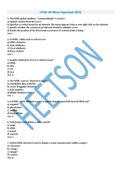 Html Questions And Answers Html 40 Most Important Mcq The Html Global