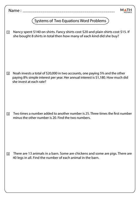 Systems Of Equations Worksheet Word Problems Worksheets Library