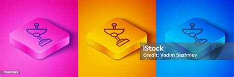 등각 투영 라인 레이더 아이콘은 분홍색과 주황색 파란색 배경에 고립되어 있습니다 검색 시스템 위성 표지판입니다 사각형 버튼 벡터 3차원 형태에 대한 스톡 벡터 아트 및 기타