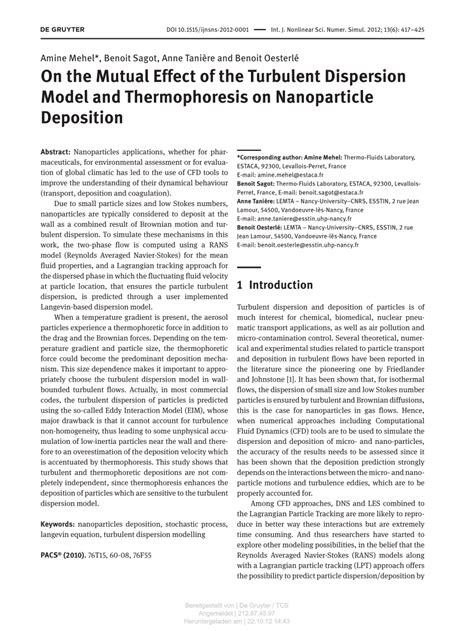 Pdf On The Mutual Effect Of The Turbulent Dispersion Model And Thermophoresis On Nanoparticle