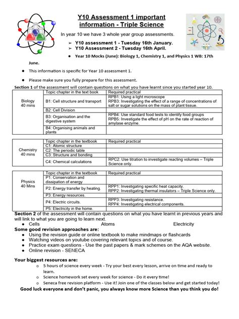 Y10 Assessment 1 Important Information Triple Science Your Biggest