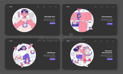 Wearable Technology Web Banner Or Landing Page Night Or Dark Mode Set Stock Vector