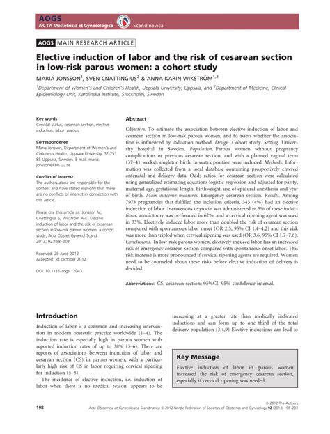 Pdf Elective Induction Of Labor And The Risk Of Cesarean Section In Low Risk Parous Women A