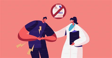 유당 불내증의 통증을 앓고 있는 위장을 들고 있는 건강하지 못한 남성 캐릭터 유제품의 건강 문제 우유 식사를 마시고 먹는 알레르기 문제 만화 사람들 벡터 일러스트레이션