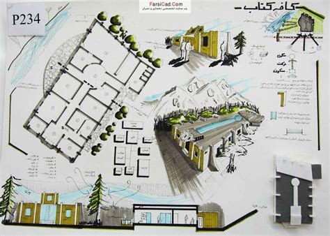 اسکیس، راندو و شیت بندی با موضوع کافه کتاب پرشین کد فارسی کد وب سایت تخصصی معماری و عمران
