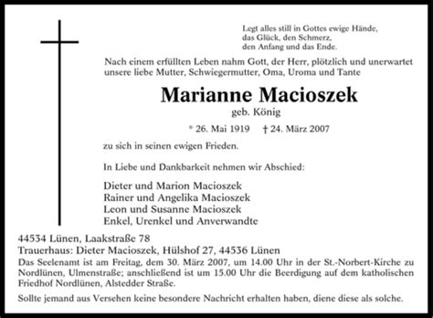 Traueranzeigen Von Marianne Macioszek Trauer In Nrwde