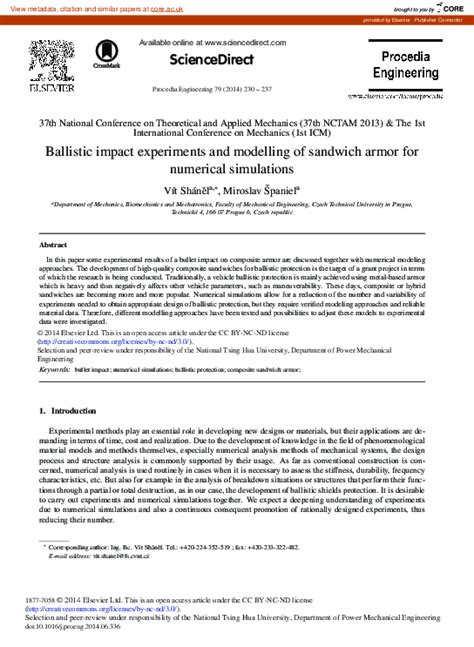 Pdf Ballistic Impact Experiments And Modelling Of Sandwich Armor For