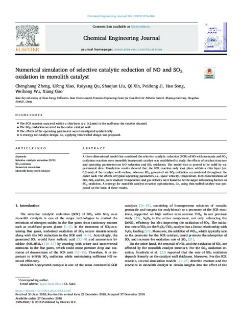 Pdf Numerical Simulation Of Selective Catalytic Reduction Of No And So2 Oxidation In Monolith