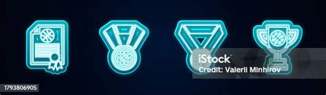 세트 라인 인증서 농구 상 농구 메달 어워드 컵 포함 빛나는 네온 아이콘입니다 벡터 1위에 대한 스톡 벡터 아트 및 기타 이미지 1위 Championship 경쟁