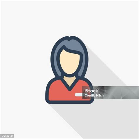 빨간색 유니폼 아바타 얇은 라인 플랫 컬러 아이콘에서 아름 다운 여자 선형 벡터 기호입니다 화려한 긴 그림자 디자인입니다 색상 묘사에 대한 스톡 벡터 아트 및 기타 이미지