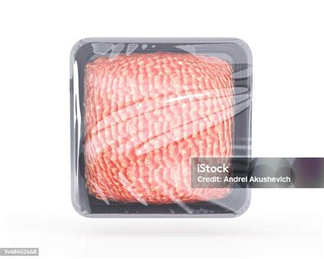 신선한 생 다진 고기와 투명 필름 3d 렌더링으로 포장하는 플라스틱 식품 트레이 갈은 쇠고기 돼지 고기 또는 양고기는 슈퍼마켓과 상점 상단보기에서 스티로폼 패키지로