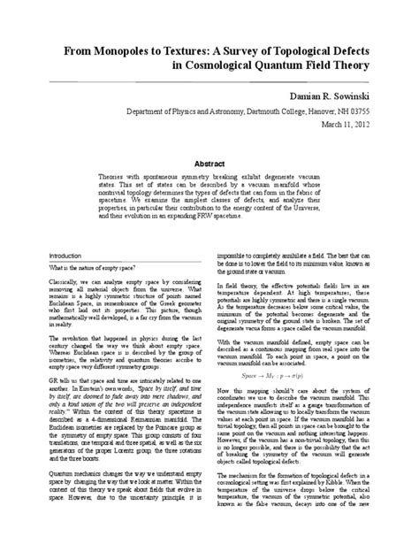 From Monopoles To Textures A Survey Of Topological Defects In Cosmological Quantum Field Theory