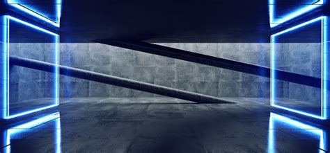 네온 빛나는 아치 게이트 블루 그런 지 콘크리트 밝은 공상 과학 Fi 현대 빈 홀 차고 터널 복도 흰색 조명 Led 스튜디오 대조 모습 반사 방 시멘트 배경 3d 렌더링 0
