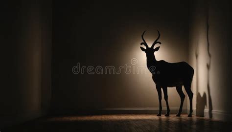 a silhouette of a deer stands in a dark room illuminated by a single